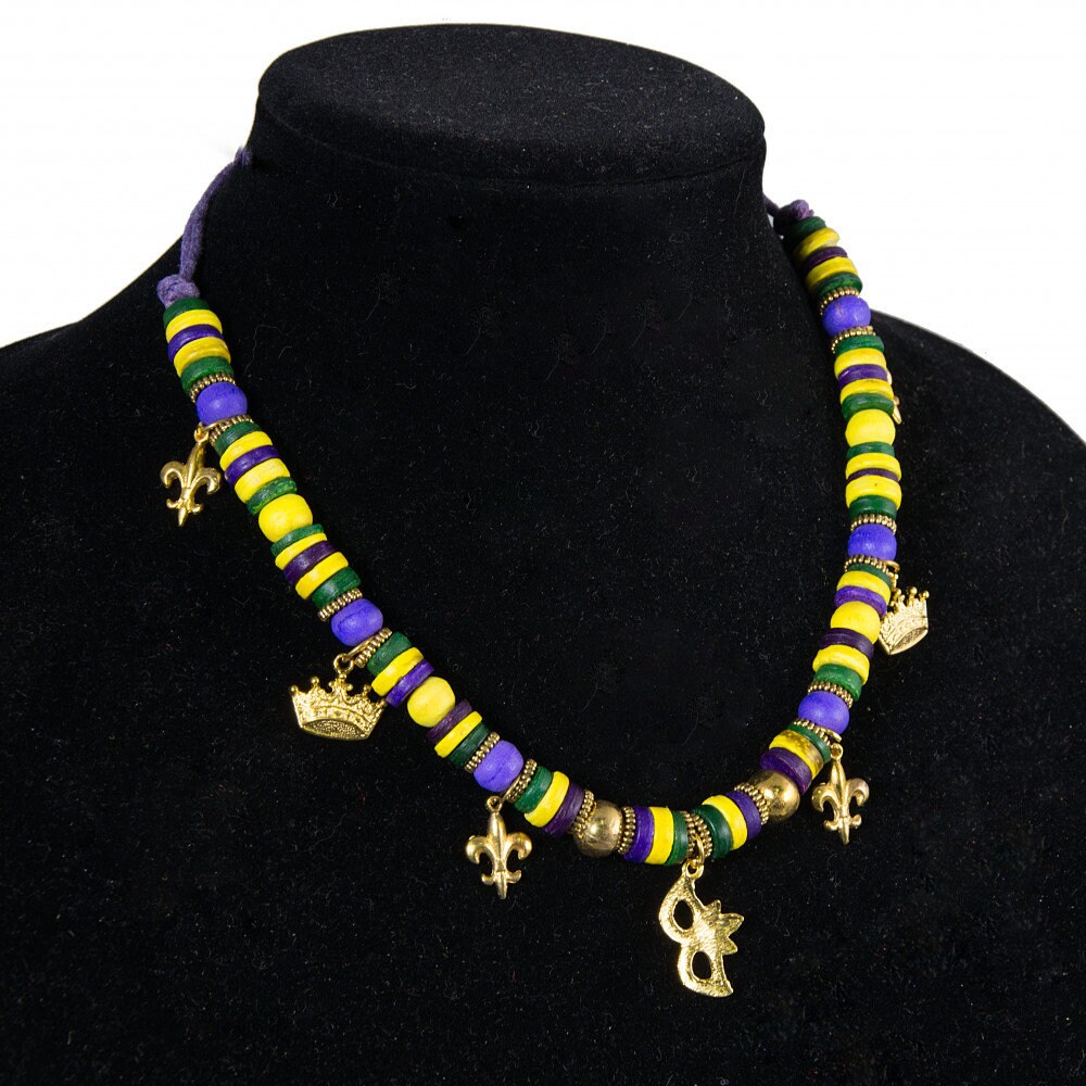 Mardi Gras Theme Charm Wooden Bead Charm Necklace Jester Mask Fleur De ...
