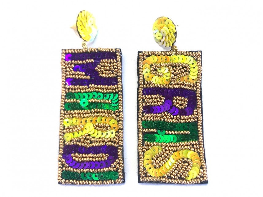Mardi Gras Sequin Words Dangle Post Earrings Masquerade Ball Parade ...
